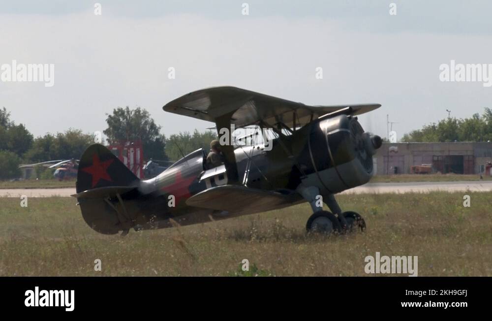 I-15 BIS Soviet single-engine fighter half-plane moves along field near ...