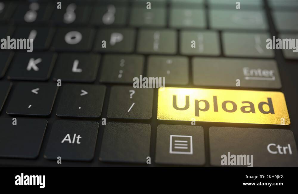 Black computer keyboard and gold upload key. Conceptual 3D animation ...