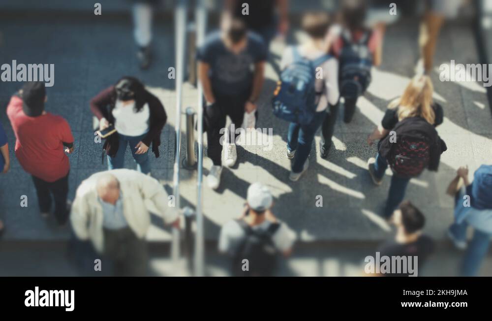 Birds Eye View,anonymous Crowd Of People Walk Subway Underpass Slow ...