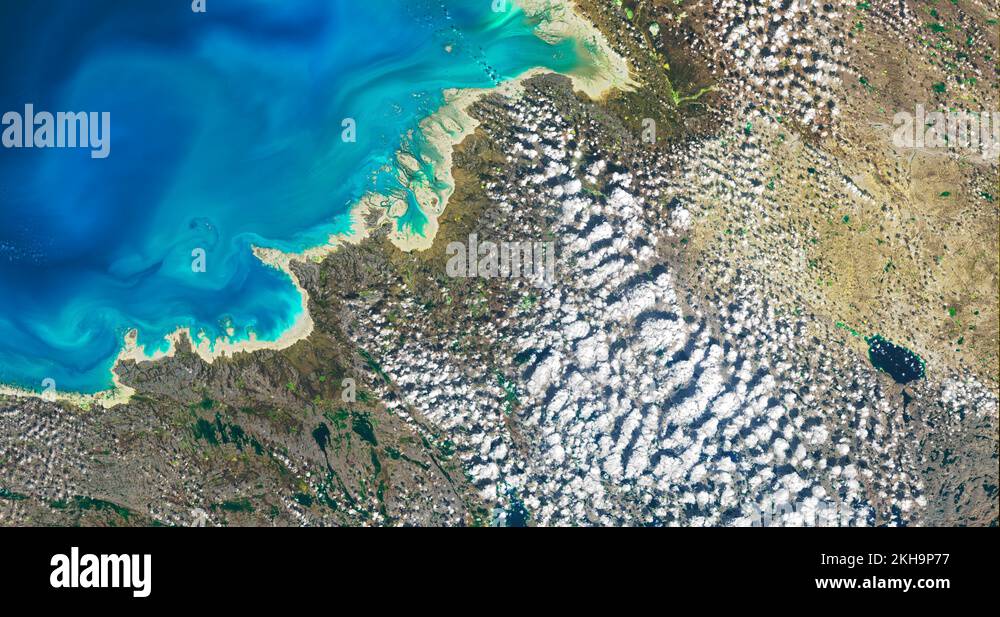 High-altitude aerial of Foxe Basin, southwest coast, Baffin Island ...