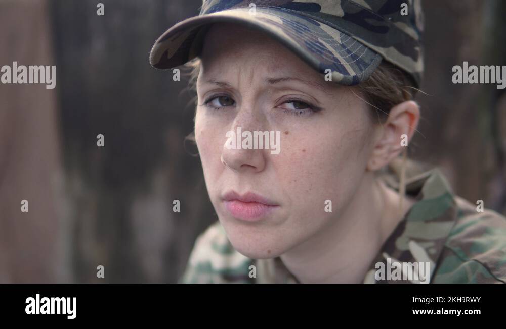 Portrait Of Sad Female Army Soldier Struggles To Deal With PTSD, 4K ...