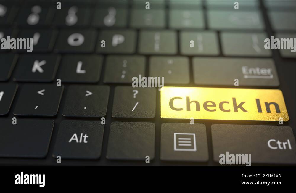 Black computer keyboard and gold check in key. Conceptual 3D animation ...