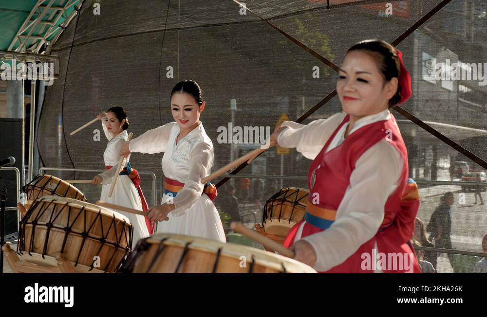 Korean Musicians Playing Traditional Korean Drums and instruments Stock ...