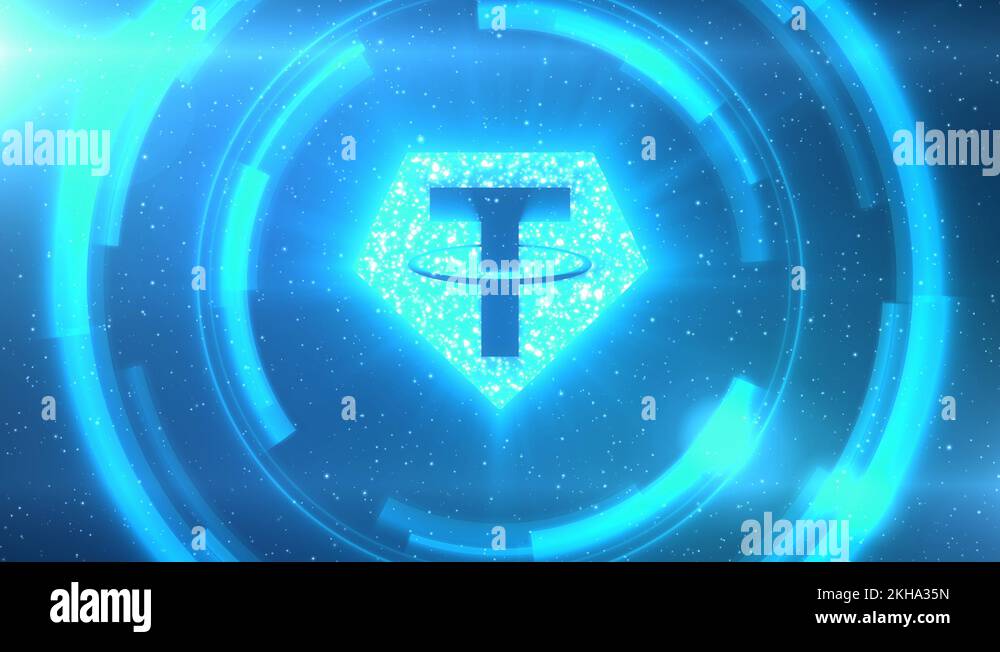 Blue Tether symbol on space background with HUD elements. Seamless loop ...