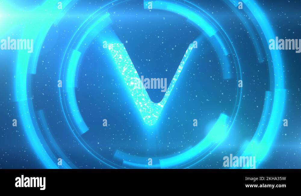 Blue Vechain symbol on space background with HUD elements. Seamless ...