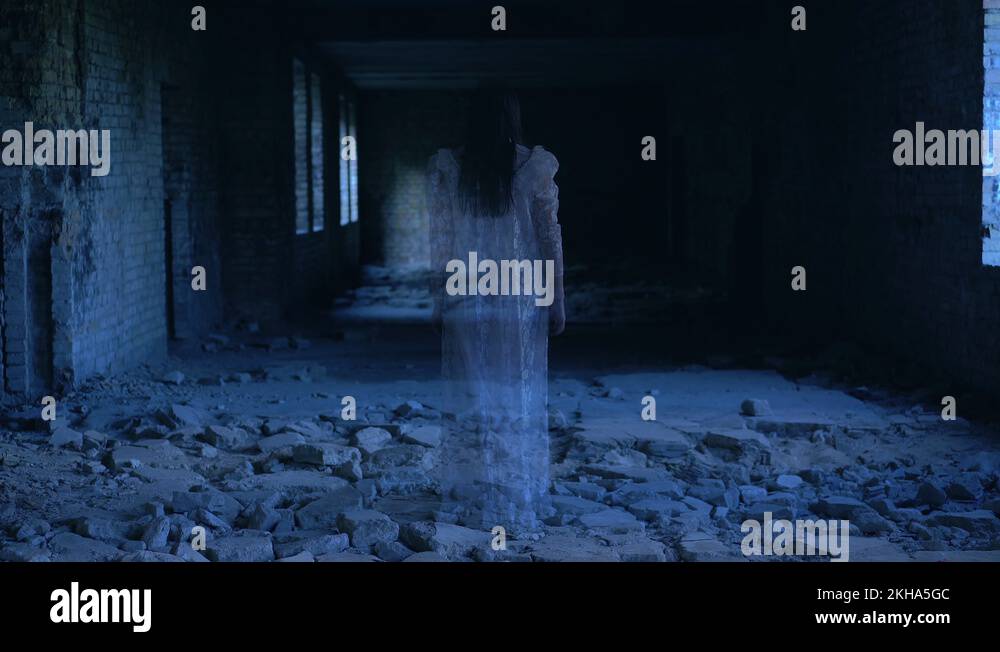 Female ghost walking and disappearing in old abandoned building, spirit ...