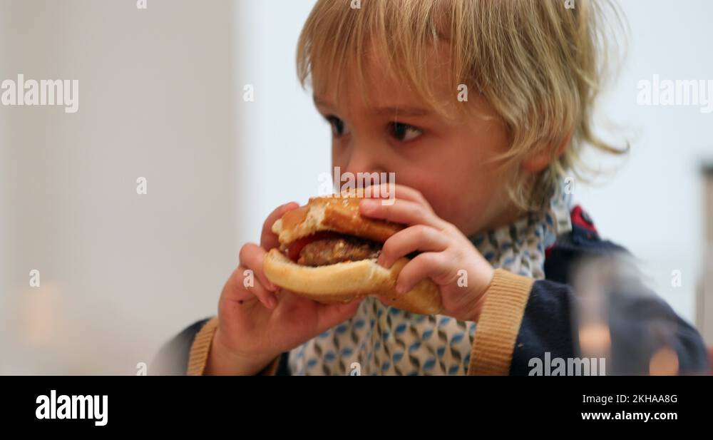 Baby toddler eating burger for dinner. Young boy eating hamburger for ...