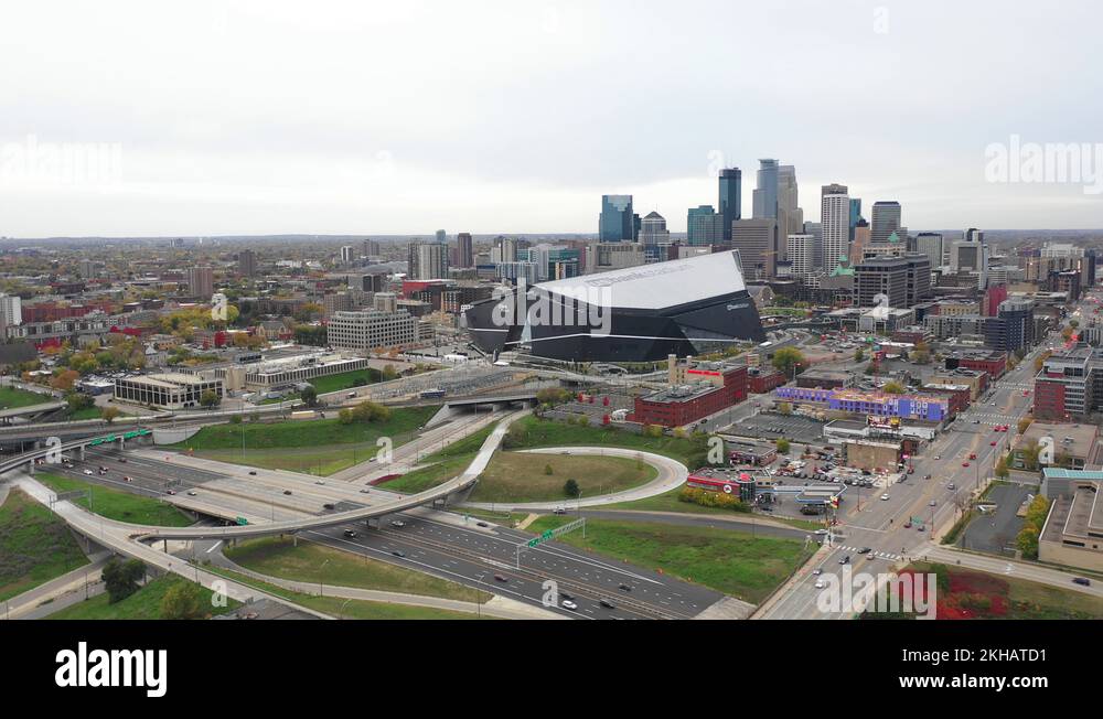 Fixed Aerial View of Downtown Minneapolis and Highway with Fall Colors ...