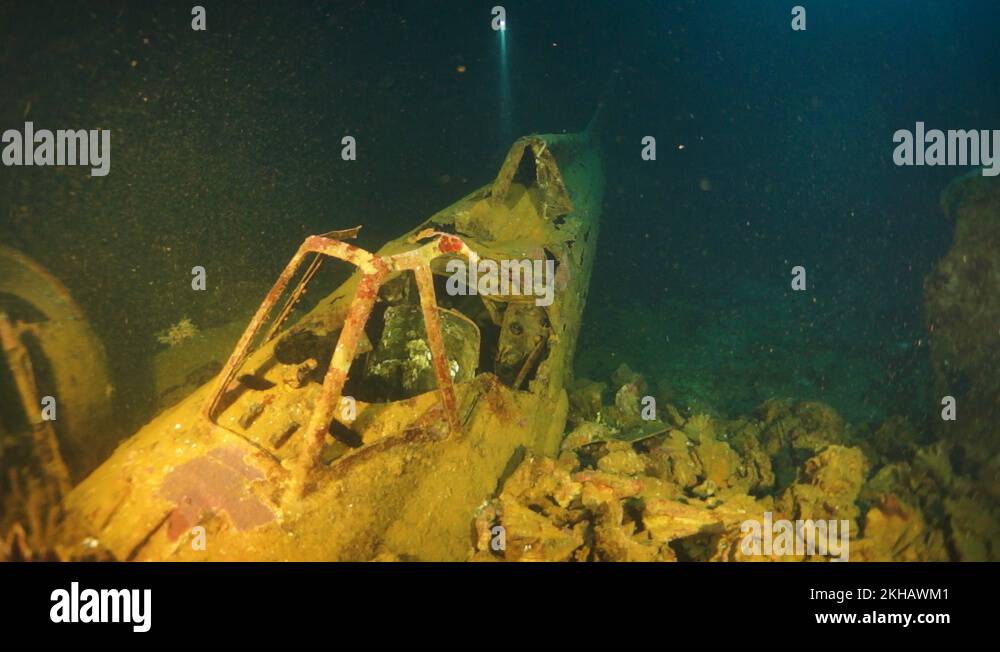 Rusty metal battle-plane on wreck underwater in Truk Lagoon on Chuuk ...