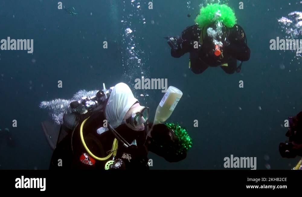 Holiday and scuba diving in New Year near underwater Christmas tree ...