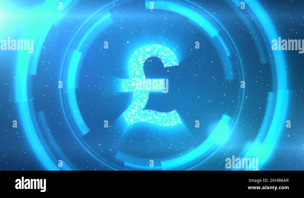 Blue British pound currency symbol on space background. Seamless loop ...