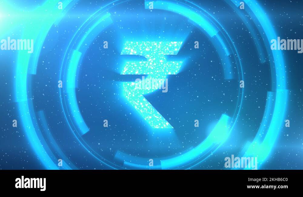 Blue Indian rupee currency symbol on space background. Seamless loop ...