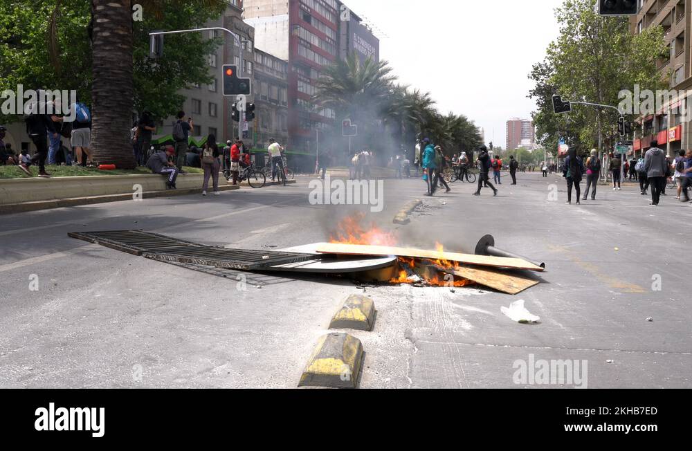 Barricades in Santiago city centre streets during latest riots Stock ...