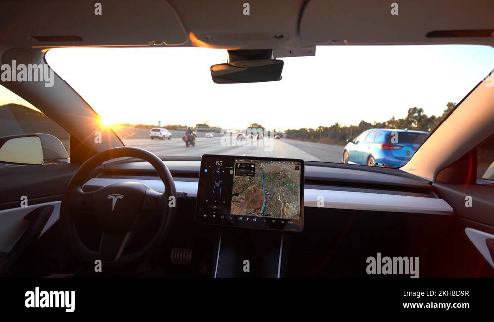 Tesla autonomous car or EV in full self driving autopilot mode Stock ...