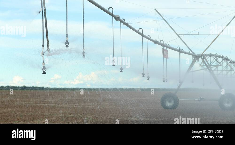 Pivot irrigation system in 4K 60fps. Close-up of pivot sprinkler system ...