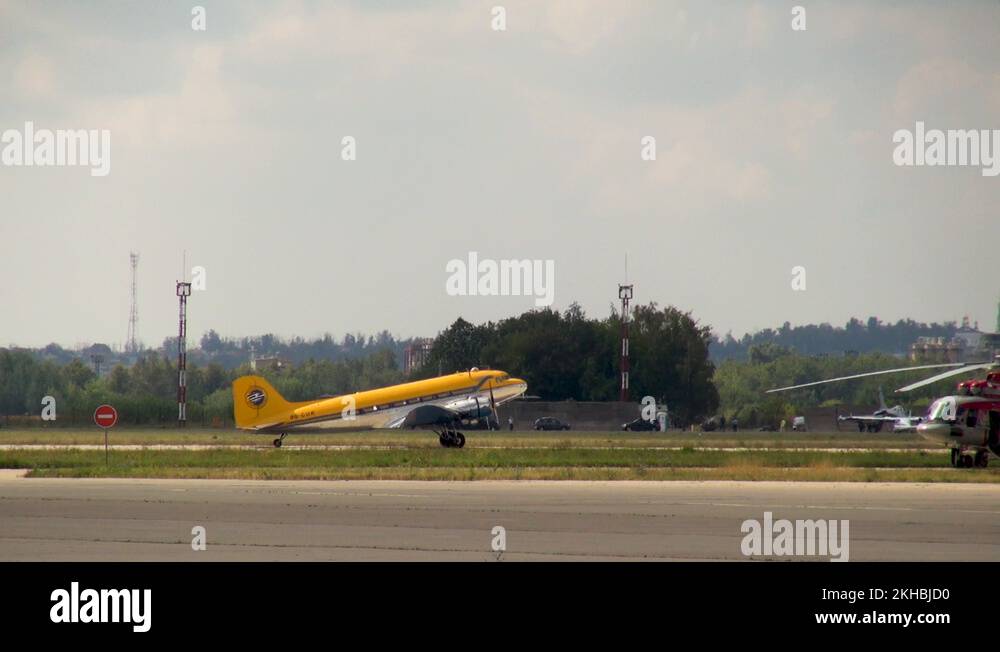 American transport aircraft Douglas C-47 Skytrain aka Dakota steers on ...