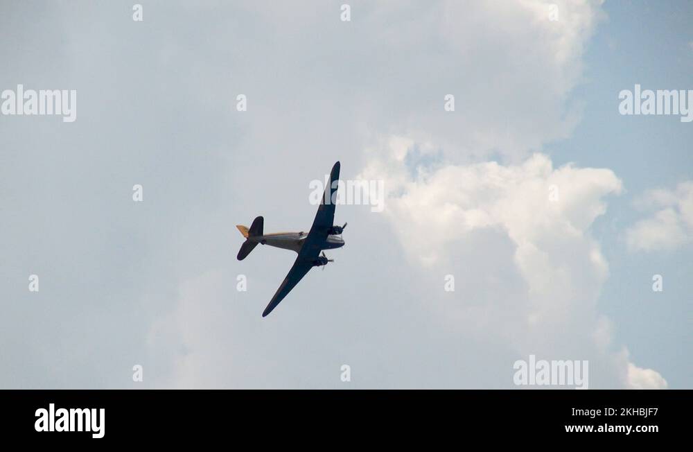 Horizontal flight of American military transport aircraft Douglas C-47 ...