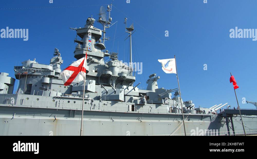 USS Alabama Battleship with Flags Waving, Slow Motion 4K Stock Video ...