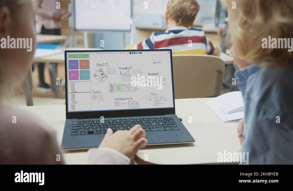 Two Little Kids Use Laptop with Screen Showing Neural Network Robotics ...