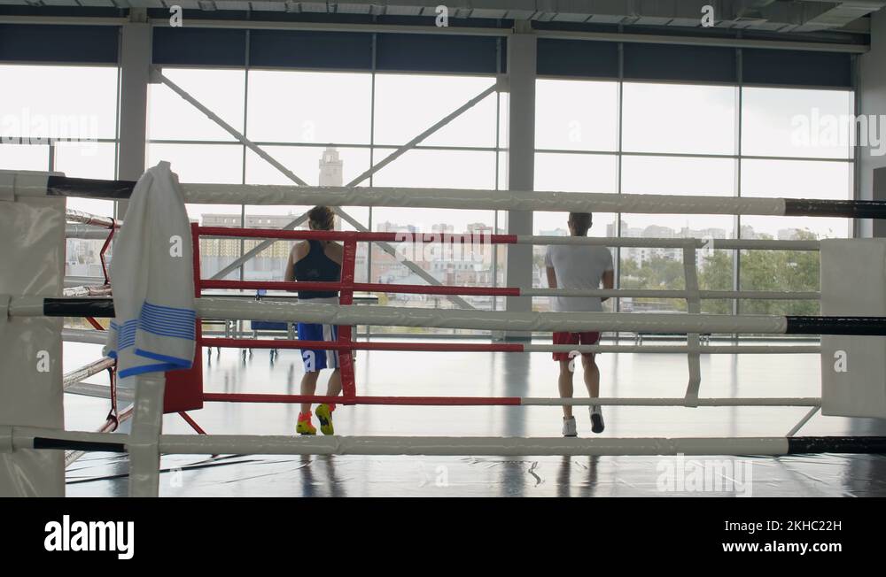 Back View of Two Sportswomen Jumping the Ropes on Boxing Ring Stock ...