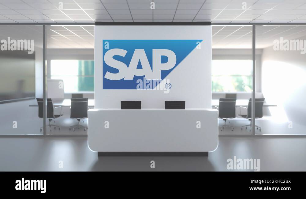 SAP logo above reception desk in the modern office, editorial conceptual 3D Stock Video Footage ...