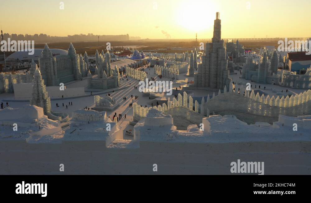 China Harbin ice festival - aerial view spectacular sunset Stock Video ...