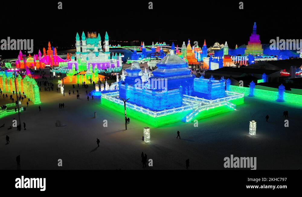 Drone shot beautiful illuminated ice sculptures Winter festival Harbin ...