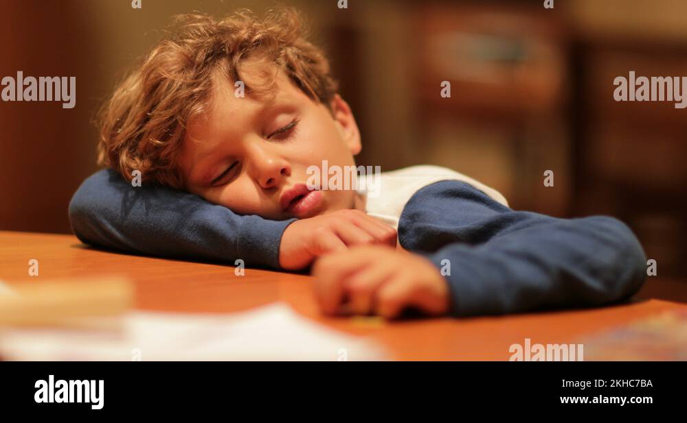 Child asleep exhausted with head on table. Young boy tired fell asleep ...