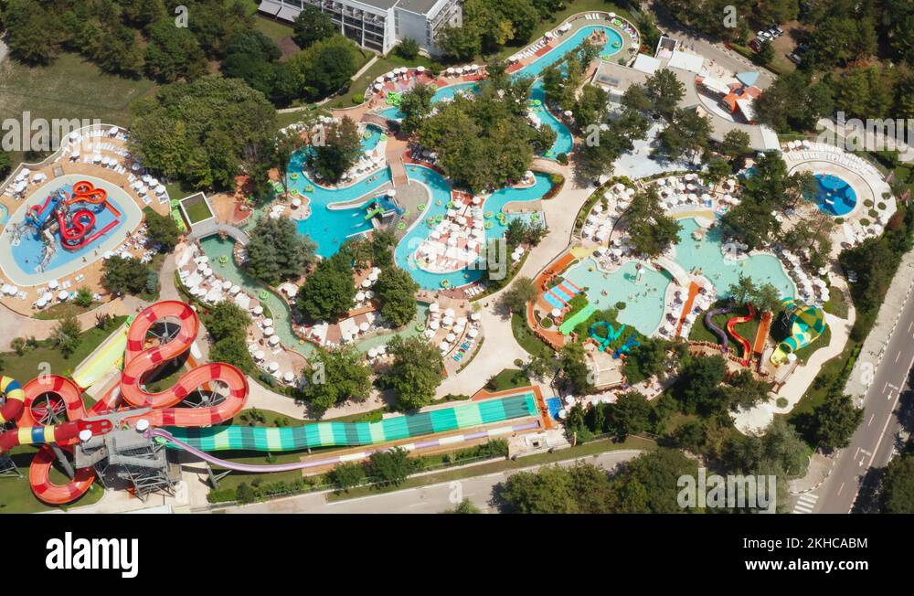 Albena, Bulgaria. Aquapark children summer resort town water slides ...