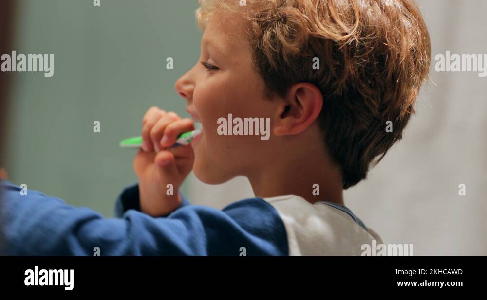 Child brushing teeth in front of mirror in 4K. Young boy brushes teeth ...