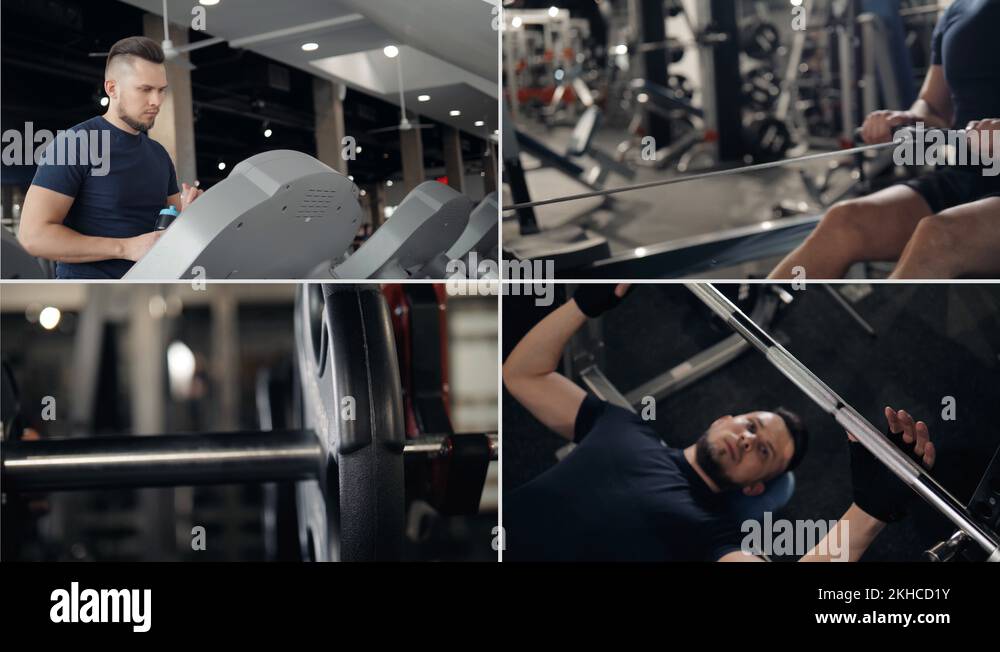 Collage of athlete bodybuilder, power athletic guy, execute exercise in ...