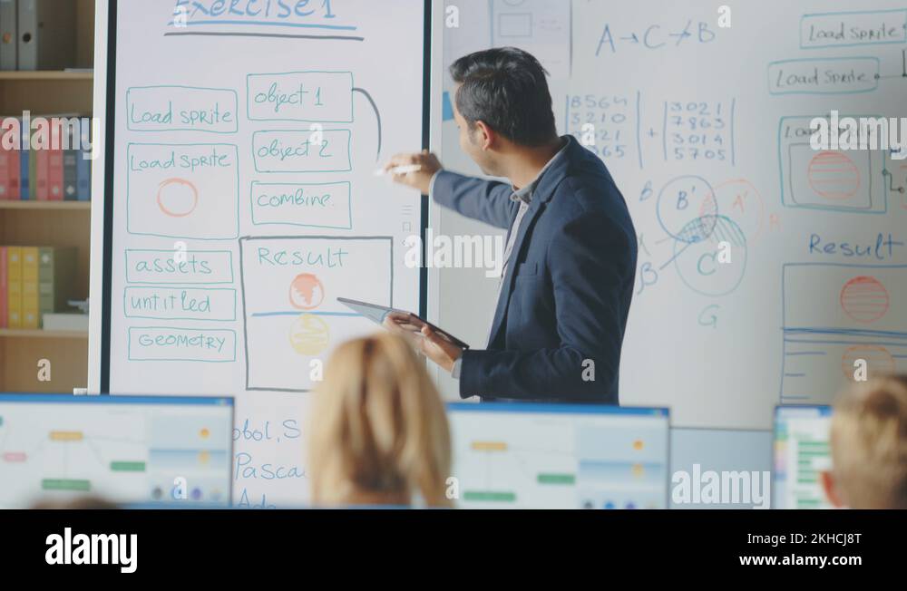 Elementary School Class: Teacher Uses Digital Whiteboard, Explain ...