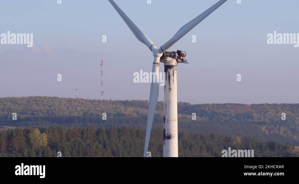 Wind energy farm turbine destroyed / old damaged by fire after ...
