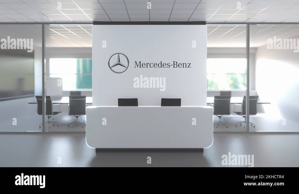 MERCEDES-BENZ logo above reception desk in the modern office, editorial ...