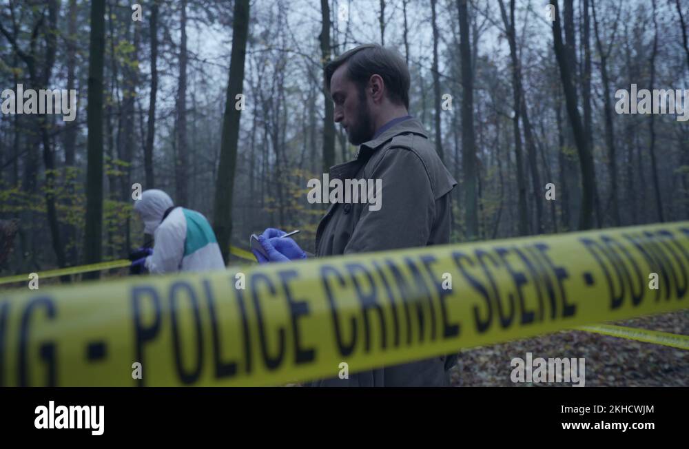 Busy investigator making notes, forensic expert collecting evidence ...