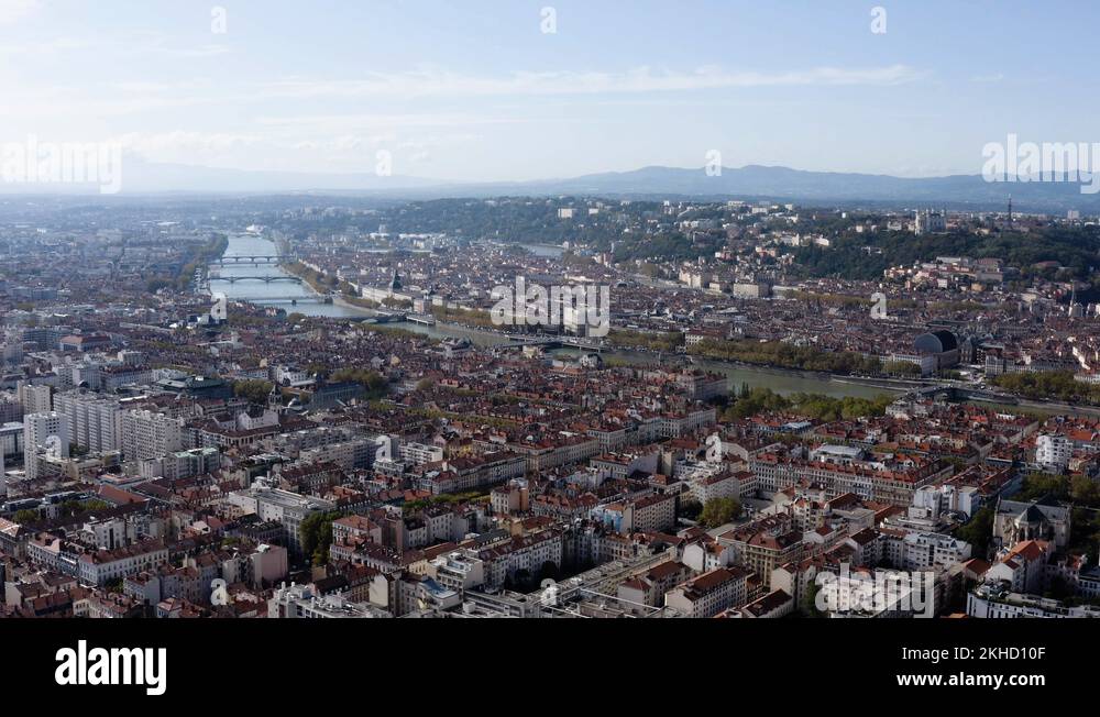 Lyon skyline from above historic city in France aerial view Stock Video ...