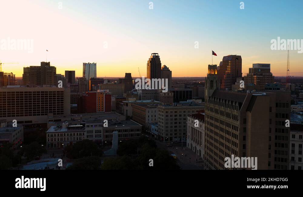 4K San Antonio Sunset Emily Morgan Hotel Drone Aerial Dolly Right Stock ...