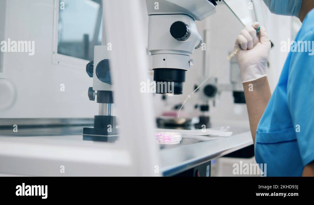 Chemistry lab worker is filling a tube with substance under a ...