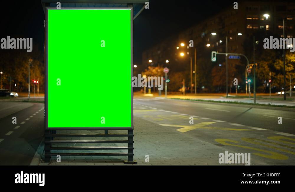 Bus stop advertising billboard green screen at night Stock Video ...