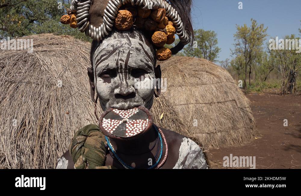 Africa isolation in remote region, tribal Mursi woman in Omo Valley ...
