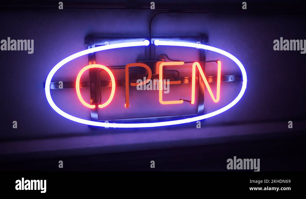 Open neon sign flickering shine in the night. Bar, pub or shop entrance ...