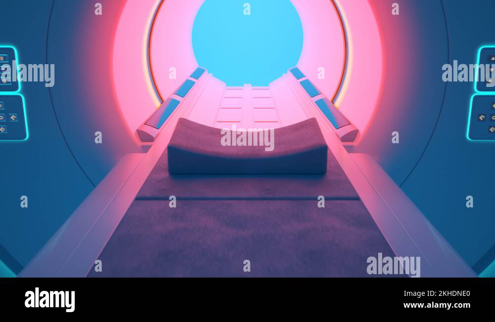 MRI scanner in empty clean room. Blue and red LED lighting. Diagnosis ...