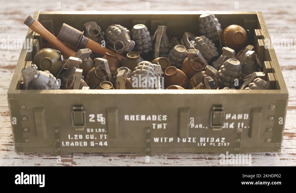 Piled up different types of grenades in open wooden ammunition box. 4k ...