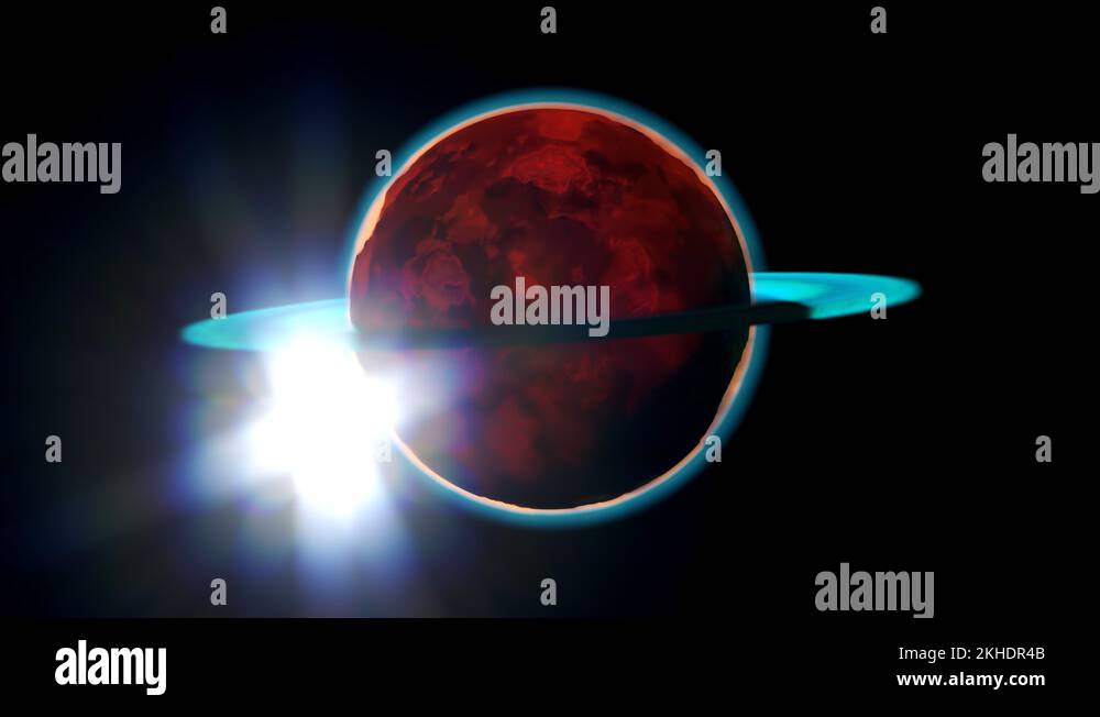 Alien red planet with a glowing blue ring system in black empty space ...
