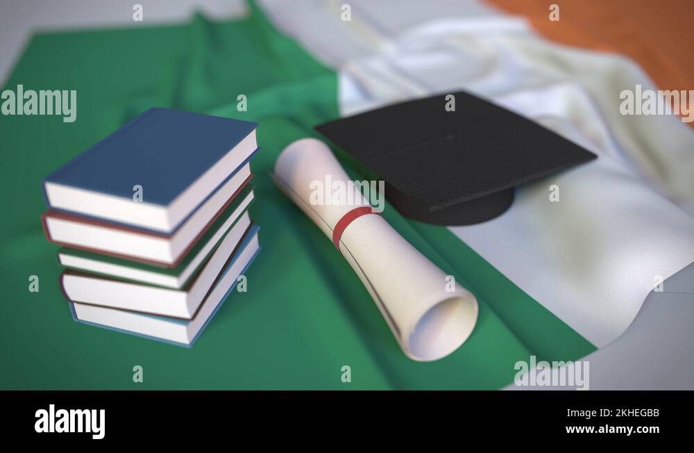 Graduation cap, books and diploma on the Irish flag. Higher education ...