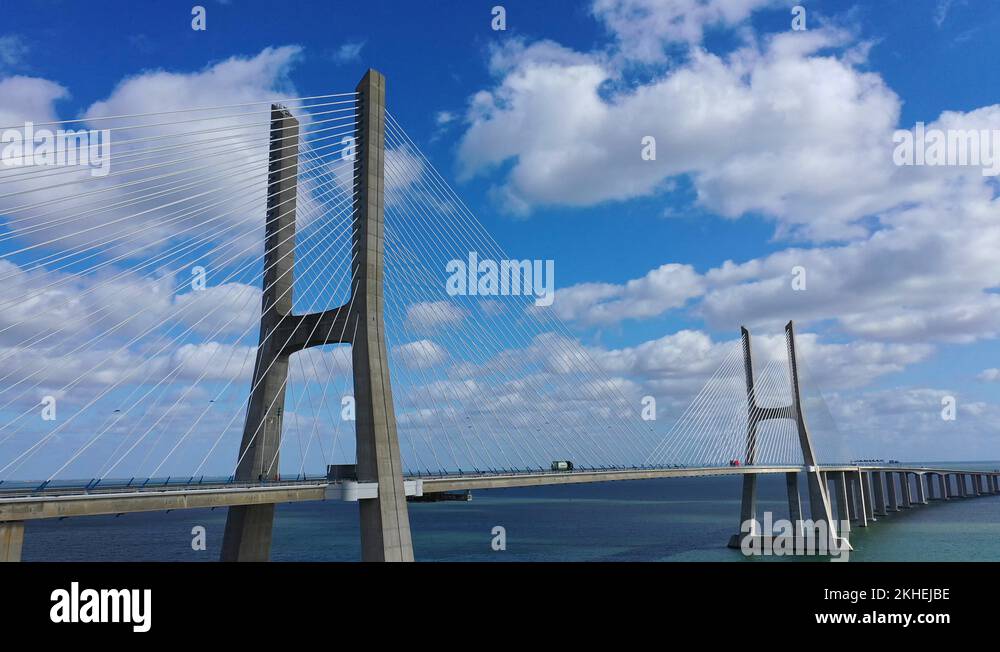 Famous Vasco da Gama Bridge over River Tejo in Lisbon from above Stock ...