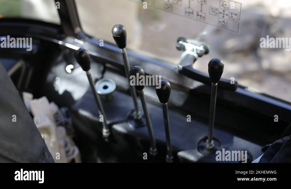 Hydraulic bucket control in an excavator tractor using levers. The view ...