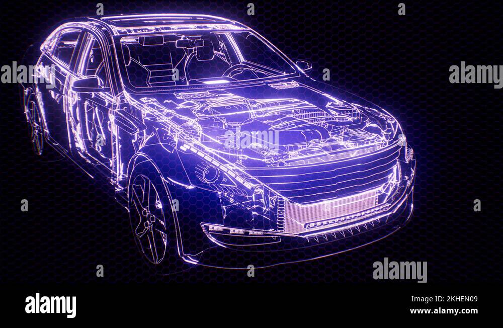 Holographic animation of 3D wireframe car model with engine Stock Video ...