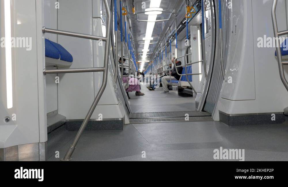 Underground subway Long car from inside Train in motion camera at the ...