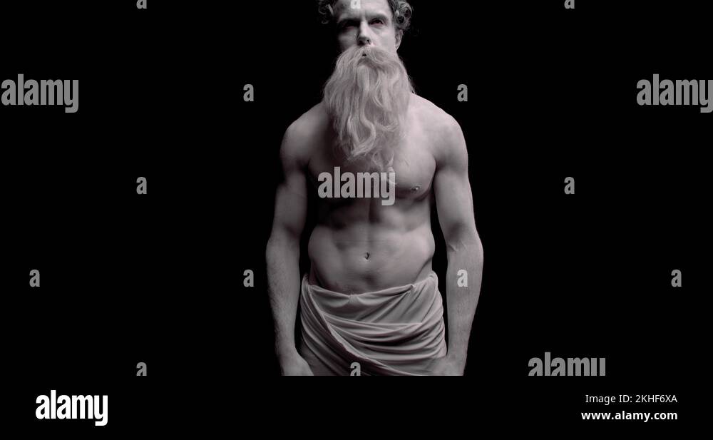 Living statue of Zeus with long beard and muscular body, getting angry ...